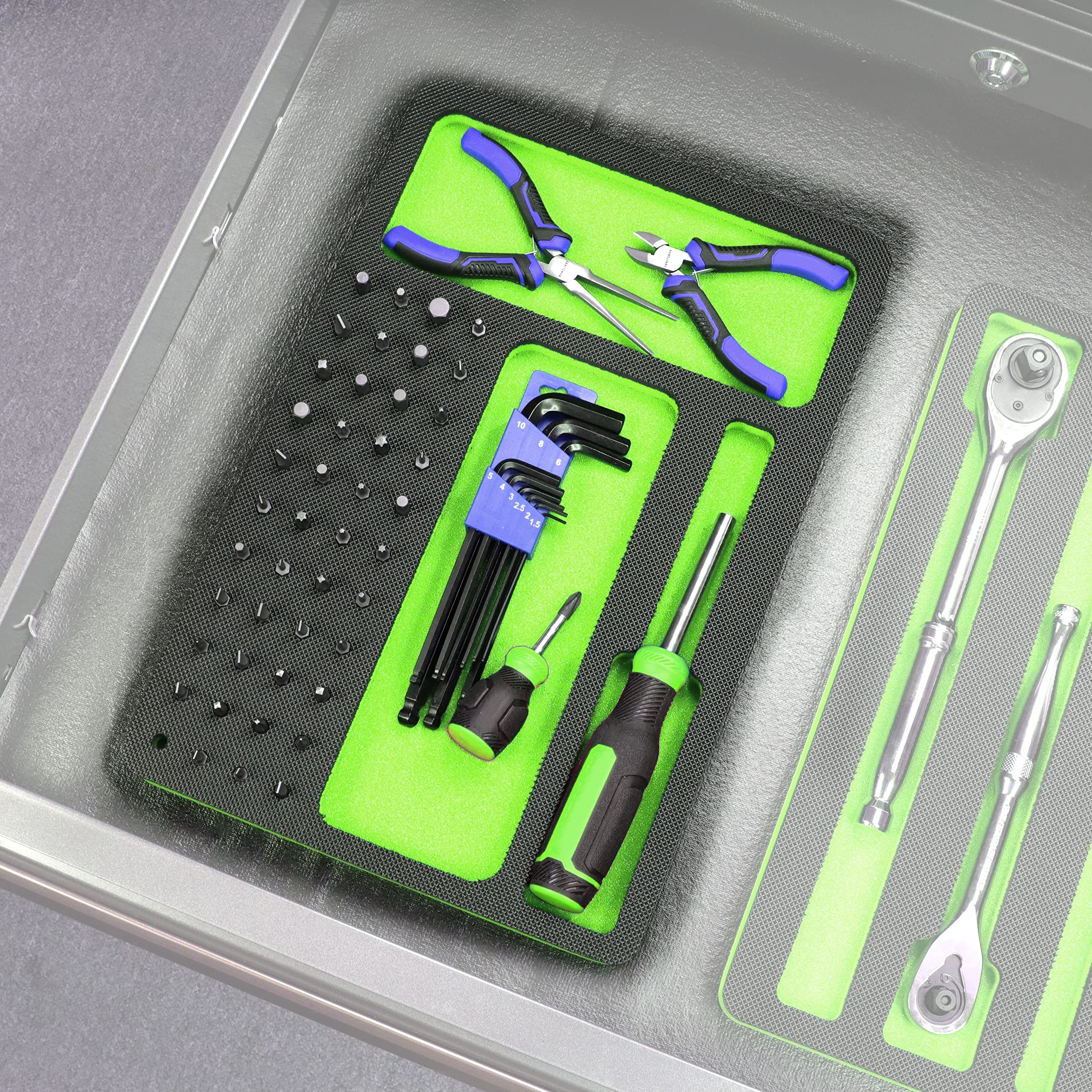 Polar Whale Tool Drawer Organizer Socketed Screwdriver Holder Insert Blue Black Durable Foam Tray 15 x 10 Inches Holds Drivers Up To 10 Inch Holds 44 Bits Fits Craftsman Husky Kobalt Milwaukee Others