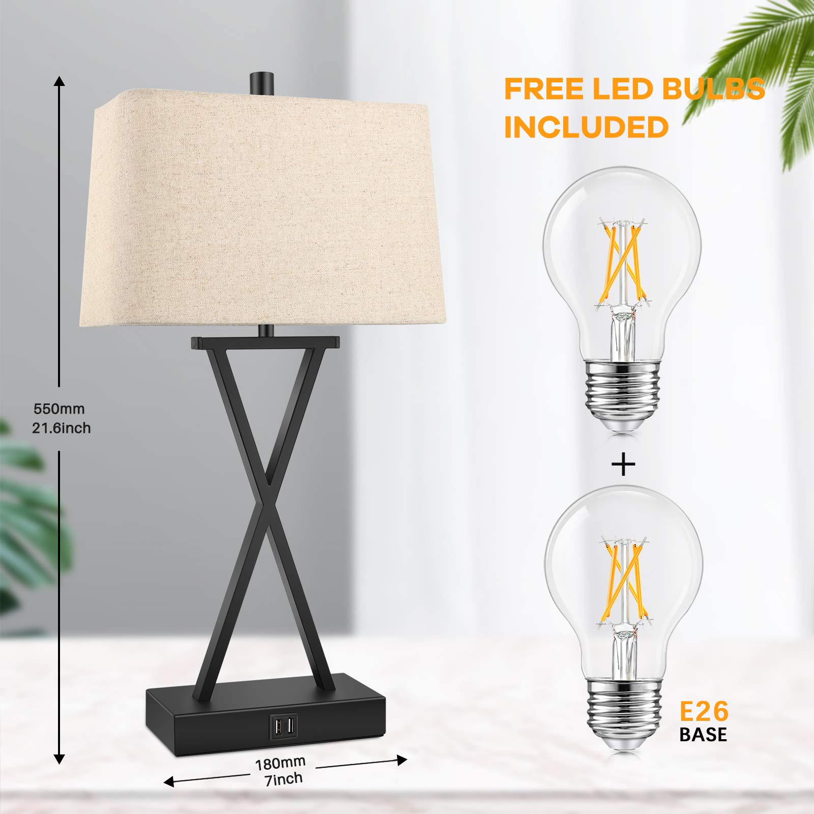 Set of 2 Touch Control 3-Way Dimmable Table Lamp Modern Nightstand Lamp with 2 USB Port Bedside Desk Lamp with Fabric Shade for Living Room Bedroom Hotel, Cream, Bulbs Included