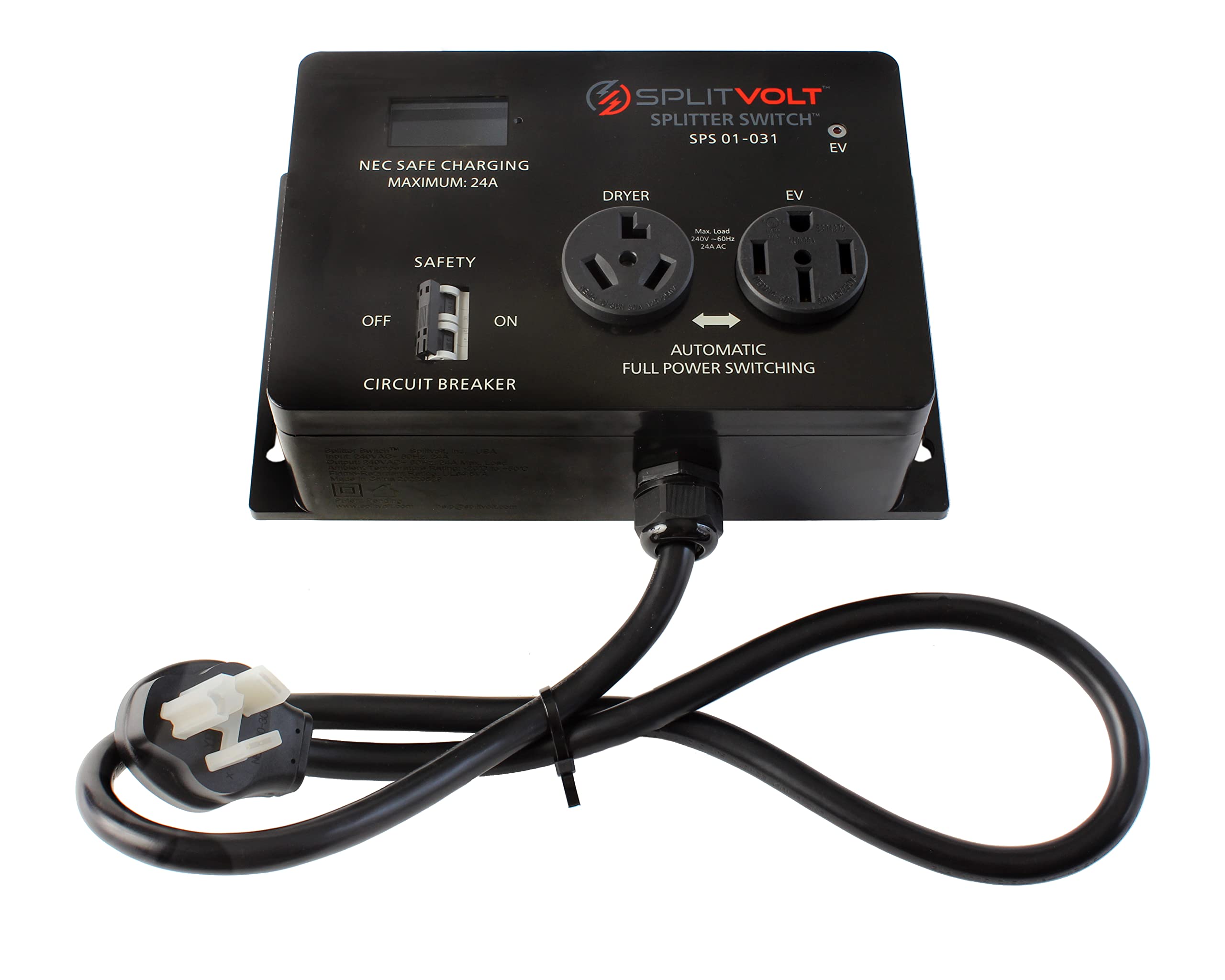 Splitvolt NEMA 10-30/10-30 Splitter Switch 10-30 Plug to Two 10-30 Outlets (A&B) - Automatic Power Switching for Dryer and EV and Real-time Display, 24 Amp, 240V EVSE