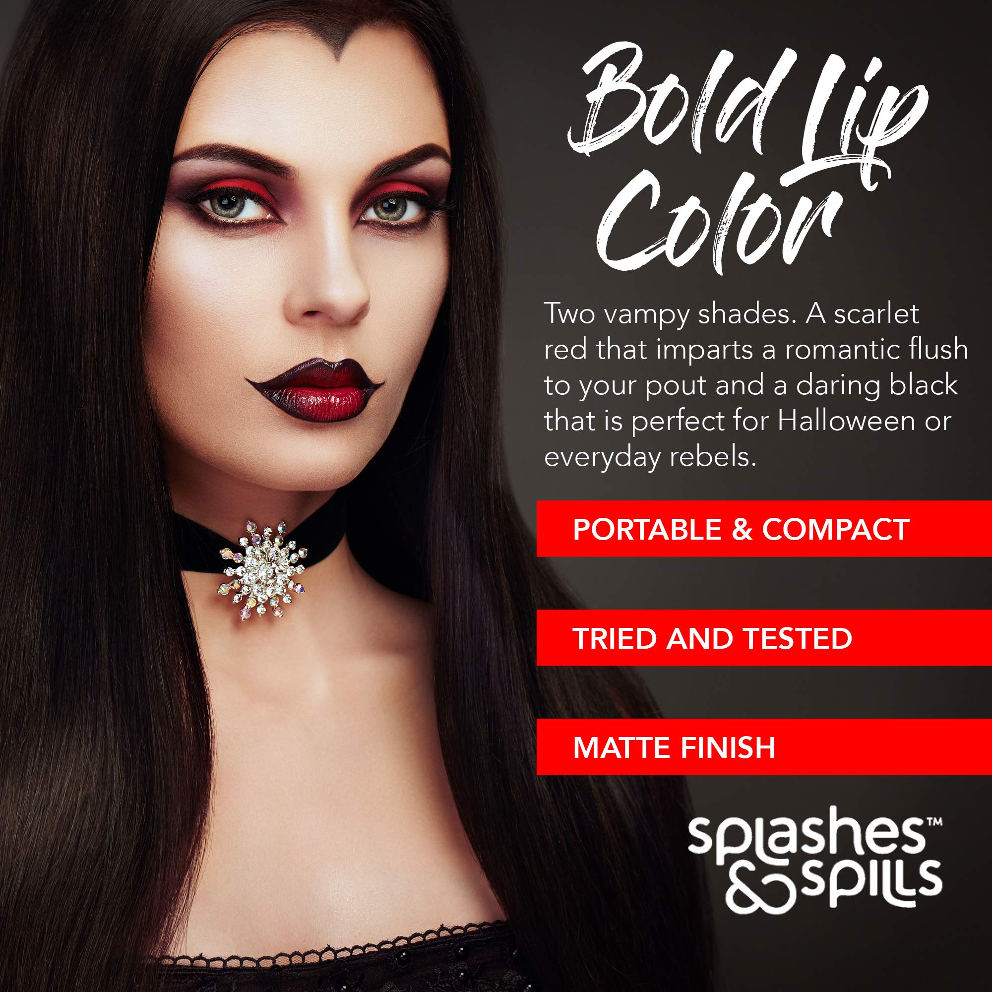 Vivid Black and Red Lipstick - 2 Pack Combo - Bold, Translucent, No Sheen Lip Color With Matte Finish - Makeup and Cosmetics by Splashes & Spills