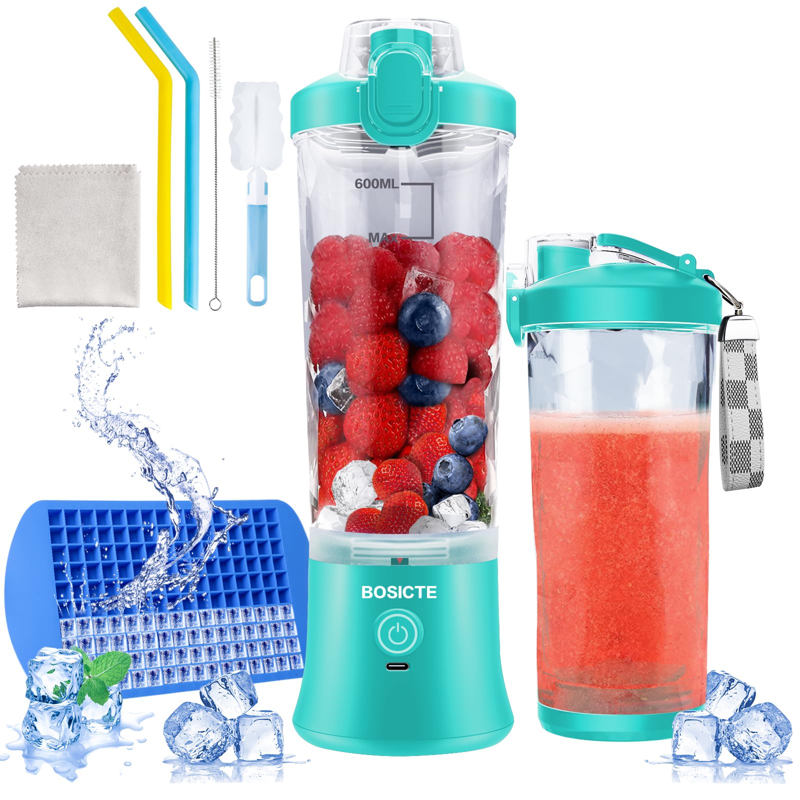 Portable Blender, BOSICTE Personal Size Blender for Shakes and Smoothies with 6 Blades, 20 Oz Mini Blender Cup USB Rechargeable for Office, Gym, Kitchen (Green), B-A9