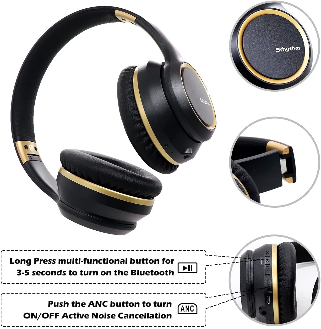 Srhythm NC15 Noise Cancelling Headphones Bluetooth Over-Ear Headset with Mic for Teens, Adults Online Class/Home Office/TV/PC/Phone