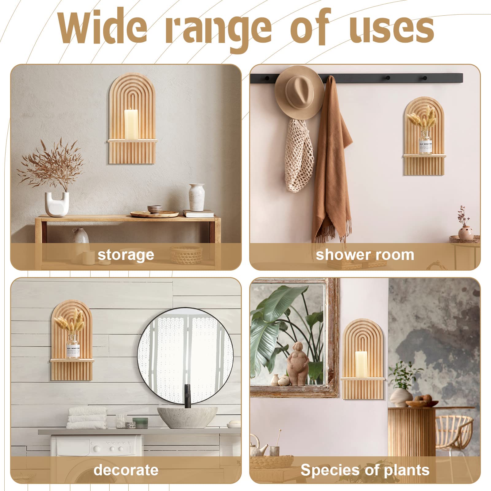 Tatuo 2 Pieces Boho Wooden Rainbow Wall Shelves Bohemian Hanging Shelf Wall Mount Book Shelf for Living Room Bathroom Bedroom Classroom Office Nursery Wall Decor (Classic)