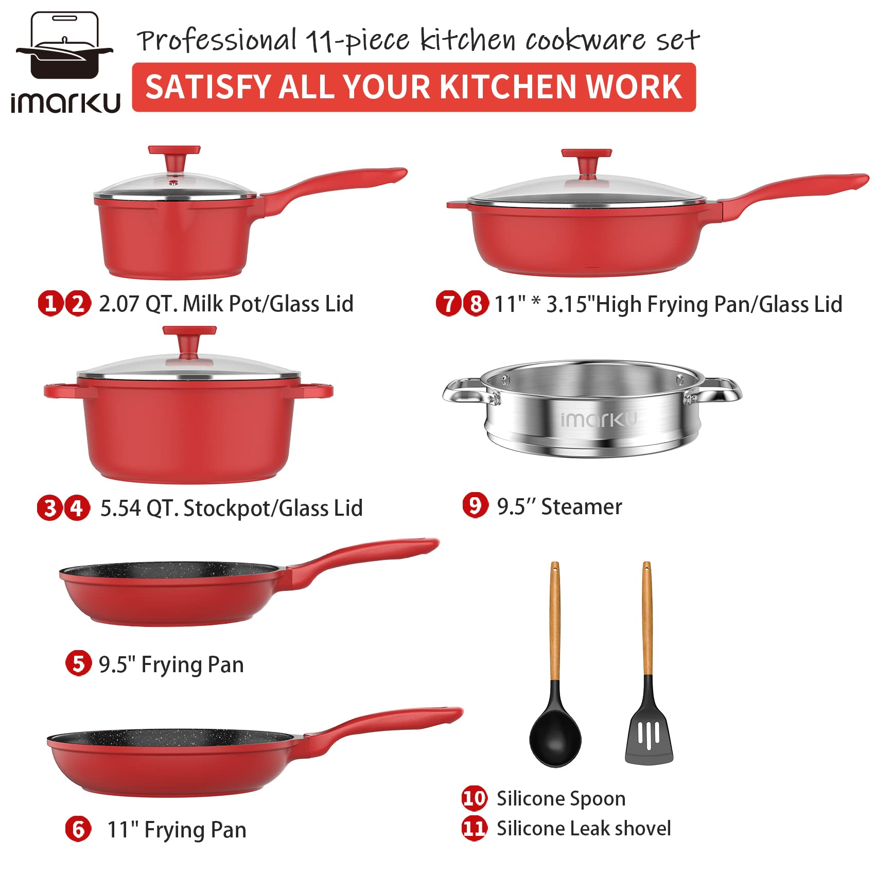 Pots and Pans Set, imarku 11 Pieces Nonstick Induction Kitchen Cookware Set, Toxic-Free Pans set for Cooking, with Frying Pan and Saucepan, Suitable for All Stoves, Ideal Kitchenware Gift, Red