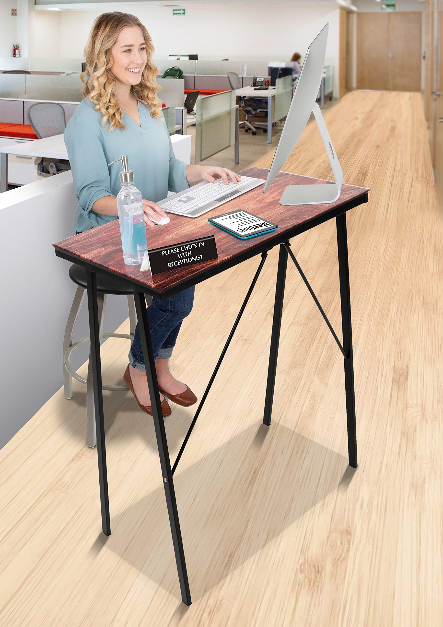 Stand Steady Joy Desk | Compact Multifunctional Standing Table for Home & Office | Modern Glass Top with Stylish Wood Design | Space-Saving Standing Desk for Small Workspaces (Wood / 32in x 41in)