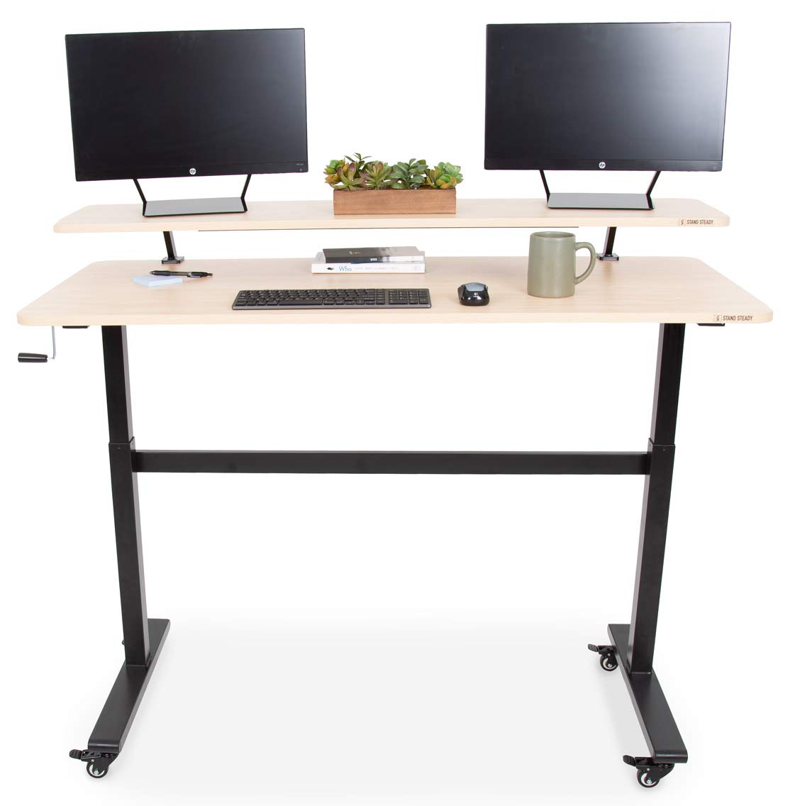Stand Steady Tranzendesk | 55 Inch Standing Desk with Clamp On Shelf & Detachable Wheels | Crank Height Adjustable Sit to Stand Workstation | Monitor Riser Supports 3 Screens (55 in / Maple)