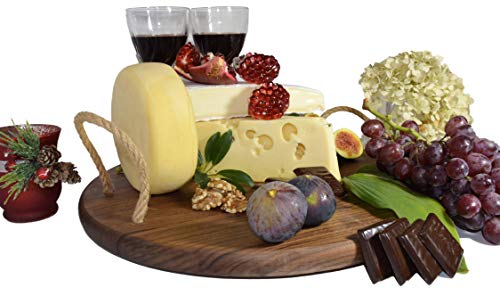 WALUX Organic Black Walnut Wood Cheese Board with Handle (14"), Charcuterie Platter & Serving Tray for Wine, Crackers, Brie and Meat. Rustic Black Walnut Serving Board, Round Cheese Board