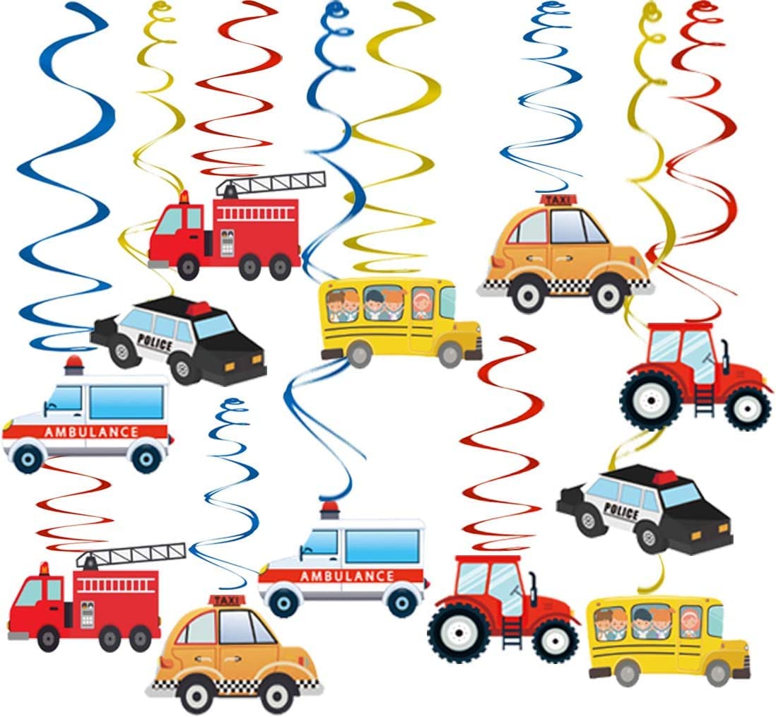 Transportation Party Hanging Swirl Decorations - 30Ct Cars Theme Happy Birthday Banner Garland for Transportation Themed Birthday Baby Shower Party Supplies