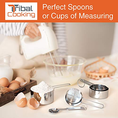 Tribal Cooking Metal Measuring Cups and Spoons Set - 8 Pieces - Professional Stainless Steel - Measuring Spoons Set - Measure Dry or Liquid Ingredients - Measuring Cups Sets for Baking and Cooking