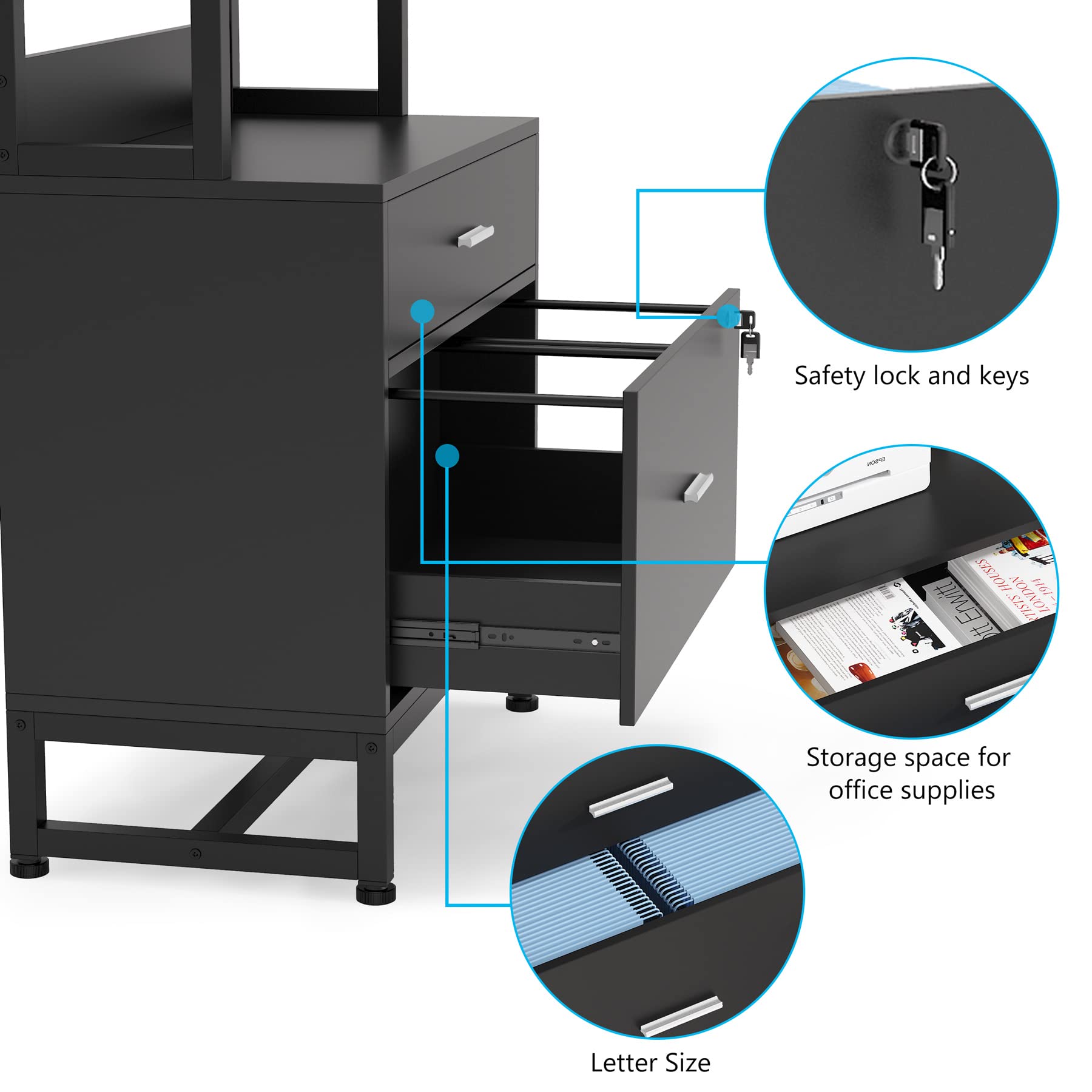 Tribesigns 2 Drawer Vertical File Cabinet with Lock & Bookshelf, Letter Size Large Modern Filing Cabinet Printer Stand with Open Storage Shelves for Home Office, Black