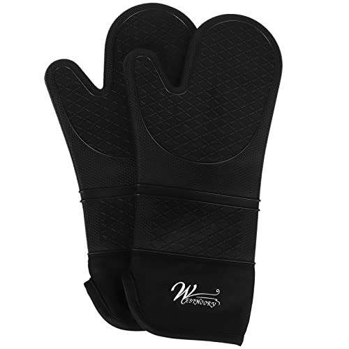 WESINOORY Extra Long Oven Mitts, High Heat Resistance up to 500 Degrees,with Inner Quilted Liner and Silicone Surface, Good for Kitchen Cooking and Baking(Black)
