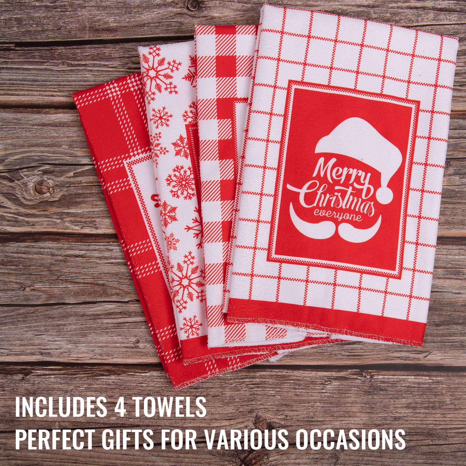 Whaline Christmas Kitchen Towel Red White Plaid Dish Towel Snowflake Xmas Tree Soft Dishcloth Large Size Decorative Holiday Cloth Towel for Christmas Home Kitchen Coking Baking, 4 Designs, 28 x 18
