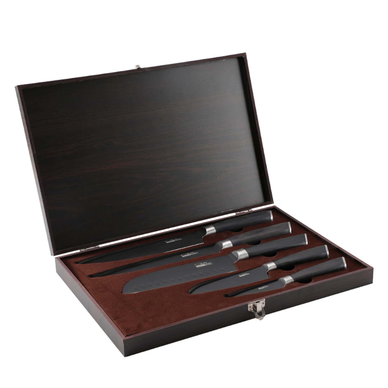 Prochion 5 PCS Chef Knives Set with Wooden Box, Black Blade Knives Set for Kitchen without Block, Razor Sharp Kitchen Knife Set of 5 with Pakka Wood Handle for Family & Restaurant