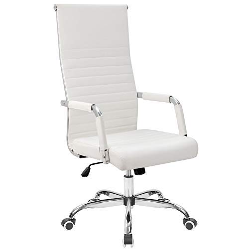 Tuoze Office Chair High Back Leather Desk Chair Modern Executive Ribbed Chairs Height Adjustable Conference Task Chair with Arms (White)