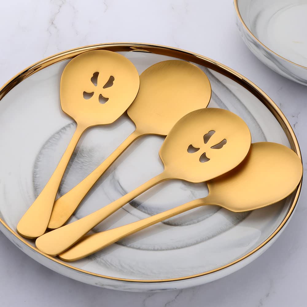 TUPMFG Serving Spoons Set - Stainless Steel Serving Utensils Includes Serving Spoons, Slotted Spoons, Tongs and Cake Server for Buffet Party Gold