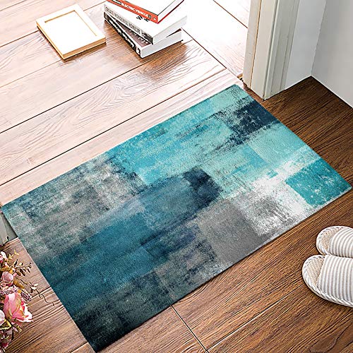 Turquoise and Grey Modern Abstract Oil Painting Textured Indoor Doormat Bath Rugs Non Slip, Washable Cover Floor Rug Absorbent Carpets Floor Mat Home Decor for Kitchen Bathroom Bedroom (16x24)