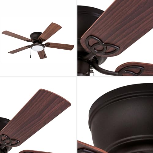 Prominence Home Benton, 52 Inch Traditional Flush Mount Indoor LED Ceiling Fan with Light, Pull Chains, Dual Finish Blades, Reversible Motor - 51429-01 (Bronze)