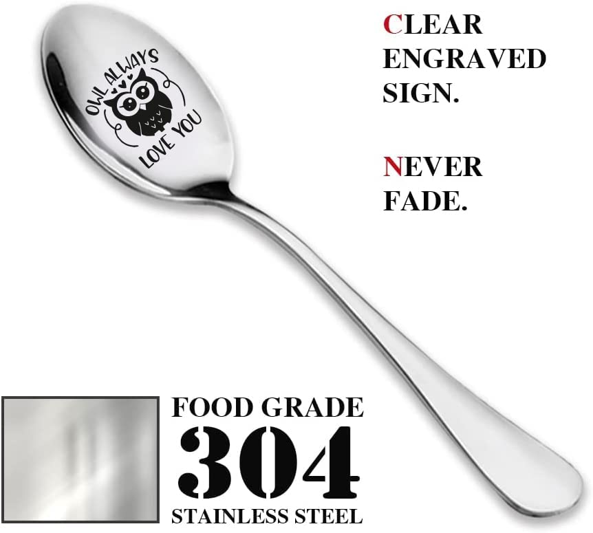 TyM Owl always love you Engraved Stainless Steel spoon for coffee tea cereal ice cream - Engraved gift for him/her - 7 inch Sturdy handle and food safe engraving