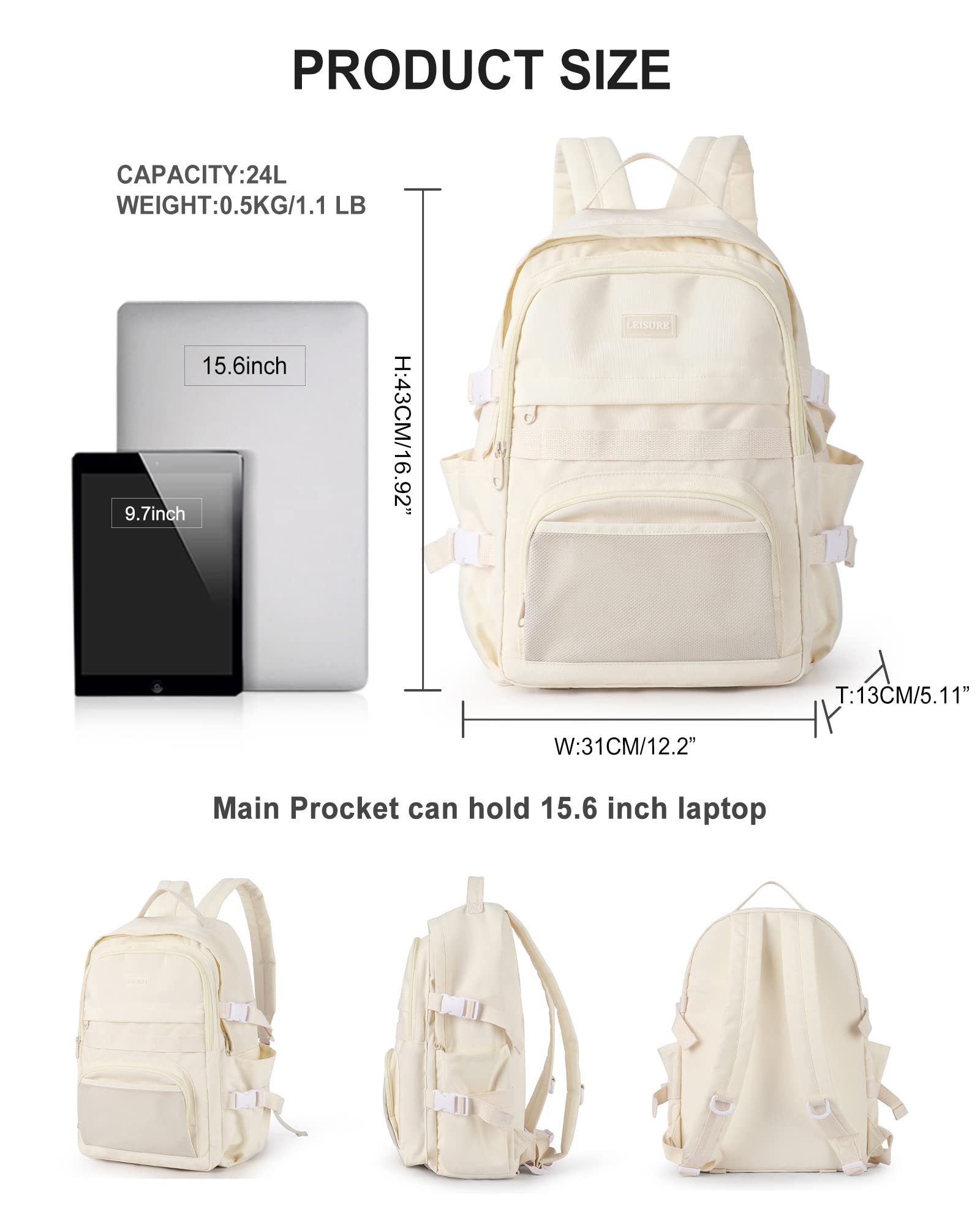 VGOCO Backpack for Women Mens, Casual Travel Daypack,Waterproof Rucksack with laptop compartment Small Lightweight Work Bag for Women Men White
