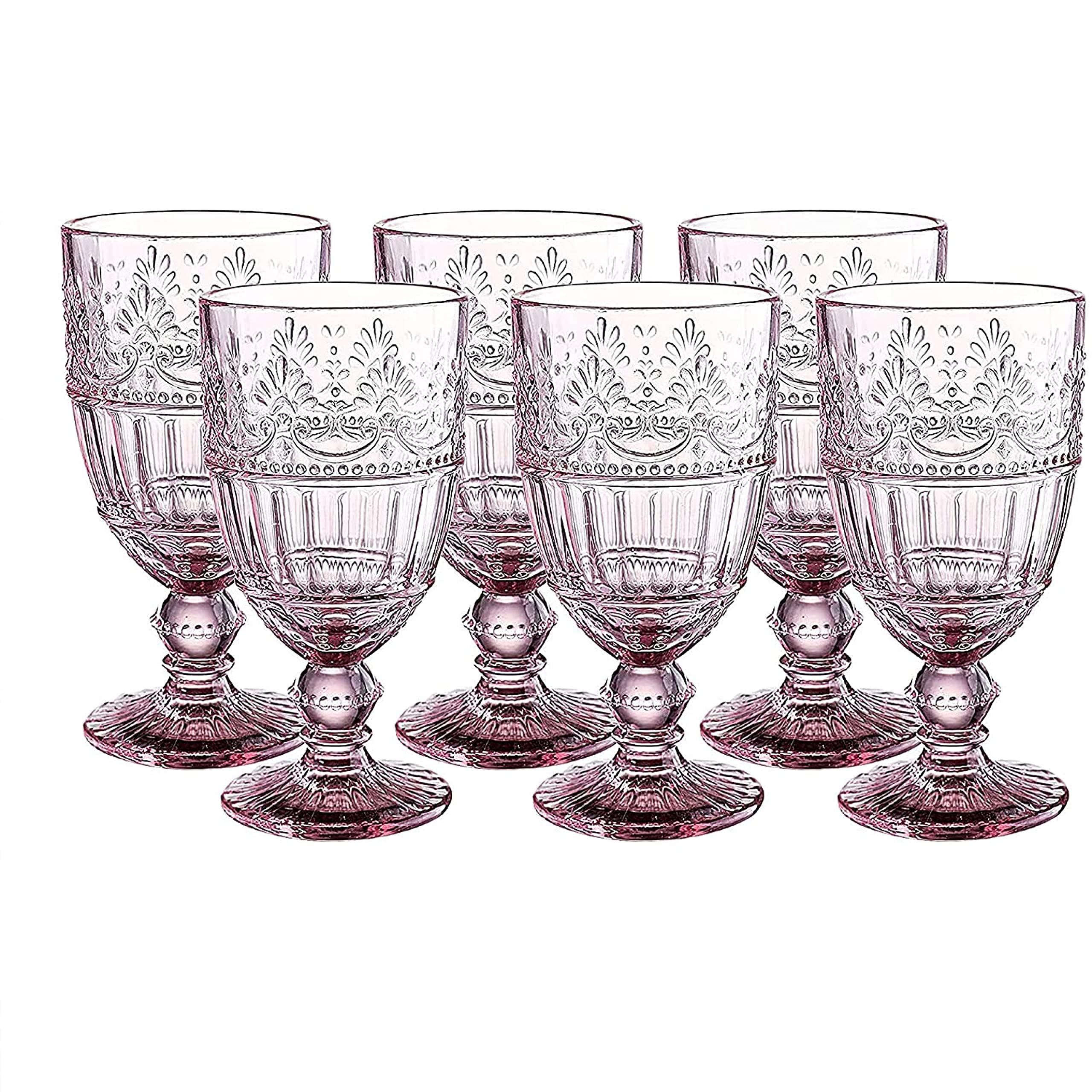 WHOLE HOUSEWARES | Pink Coloured Glass Goblet | Set of 6 Vintage Drinking Glasses | 11.5 oz Embossed Design | Wedding, Party Wine Glasses Set of 6 (Pink)