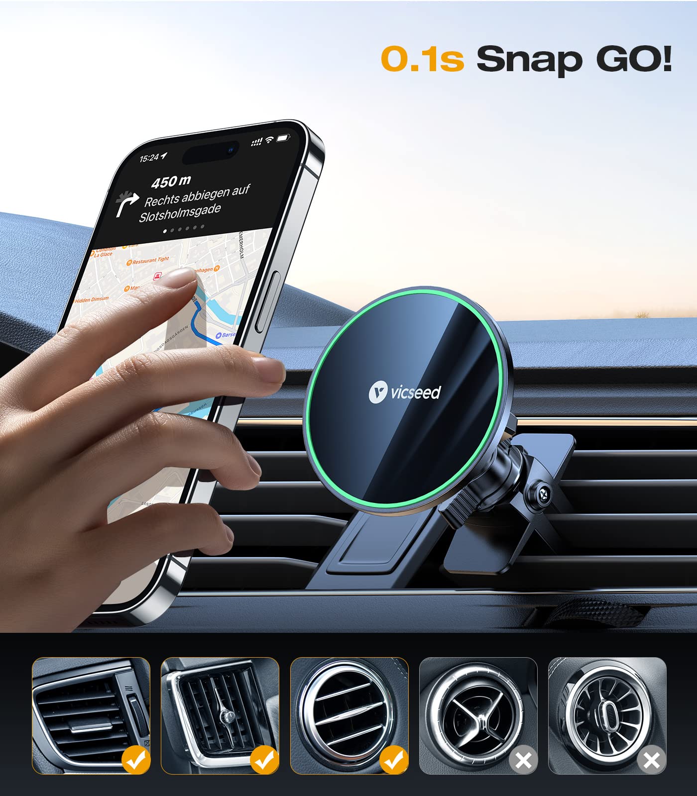 VICSEED for MagSafe Car Mount Dash - [8lbs Powerful Magnets][Long Arm Adjustable] Magnetic Phone Holder for Car Phone Mount for Car 3 in 1 Car Phone Holders for iPhone 15/14/13/12 All Phones