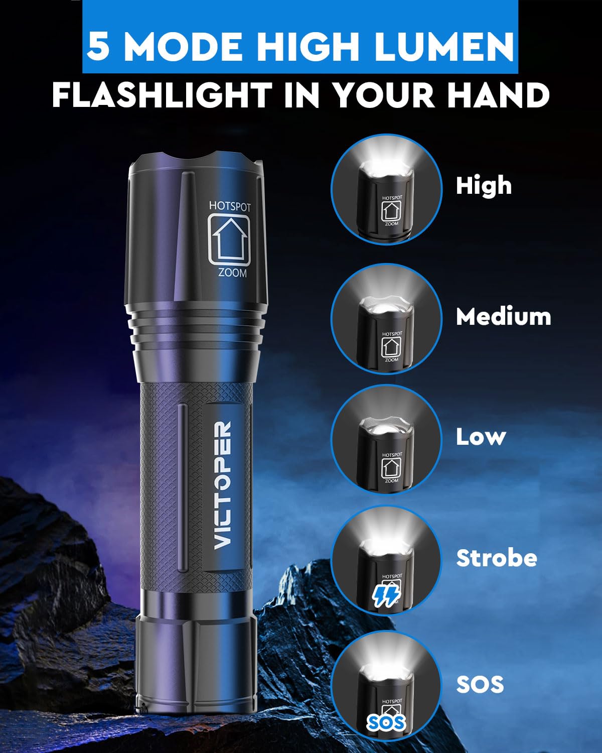Victoper New Flashlight 2 Pack, 2000 Lumen 5 Modes Tactical LED Flash Light, High Lumens Bright Waterproof Flashlights, Zoomable Flash Lights for Camping Emergencies Outdoor Home, Gift for Dad & Men