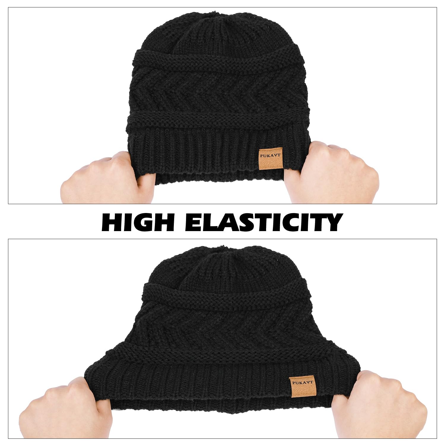 Pukavt 1 Pack Winter Hat Ponytail Beanie Hat for Women,Soft Stretch Cable Knit Messy Bun Beeanie,Trendy and Warm Black