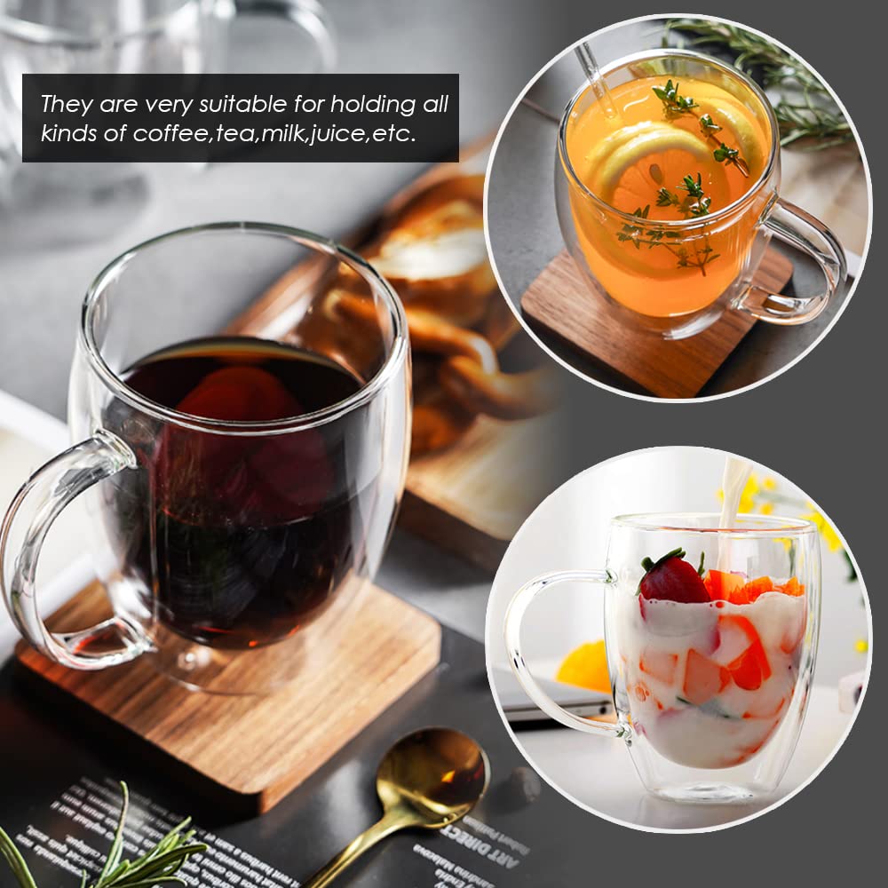 Ulrikco 12 oz Double Walled Glass Coffee Mugs, Clear Cappuccino Glass Mug Set of 4, Double Insulated Glass Coffee Mugs with Handle, Latte Mug, Espresso Mug Cups for Hot/Cold Drinks, Dishwasher Safe