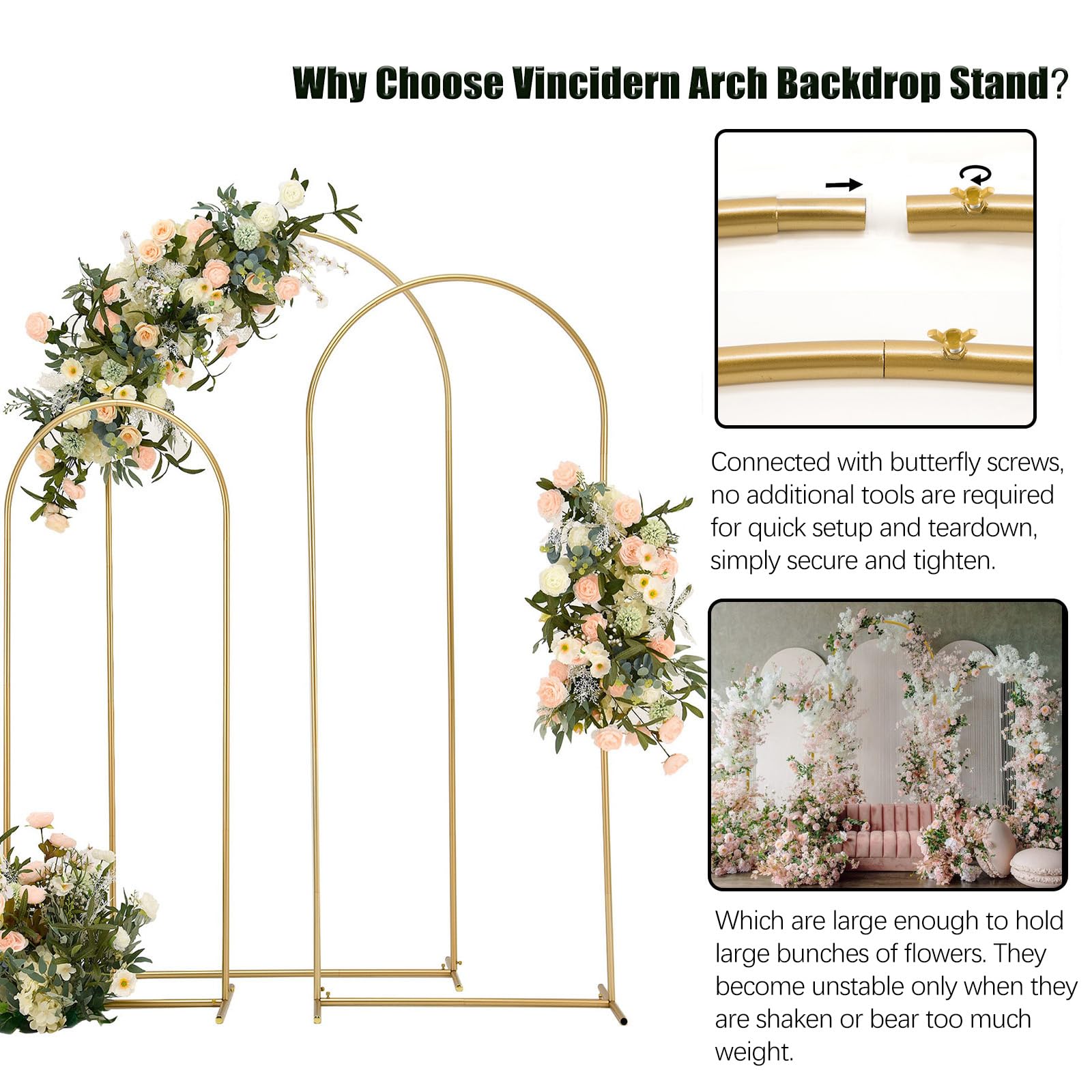 Vincidern Wedding Arch Backdrop Stand Set of 3 (6.6FT,5.9FT,4.9FT), Balloon Arch Stand, Metal Arch Backdrop Stand for Birthday Party, Wedding Arches for Ceremony Decoration Backdrop Door Frame Gold
