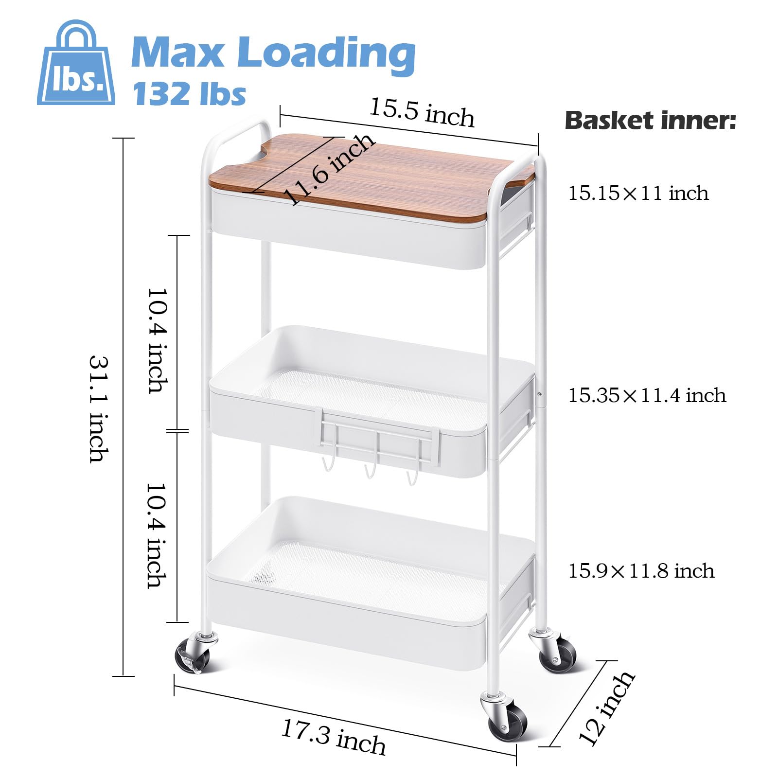 TOOLF 3-Tier Rolling Cart, Metal Utility Cart with Detachable Tray Top, Storage Craft Art Cart Trolley Organizer Serving Cart Easy Assembly for Office, Bathroom, Kitchen, Kids' Room, Classroom