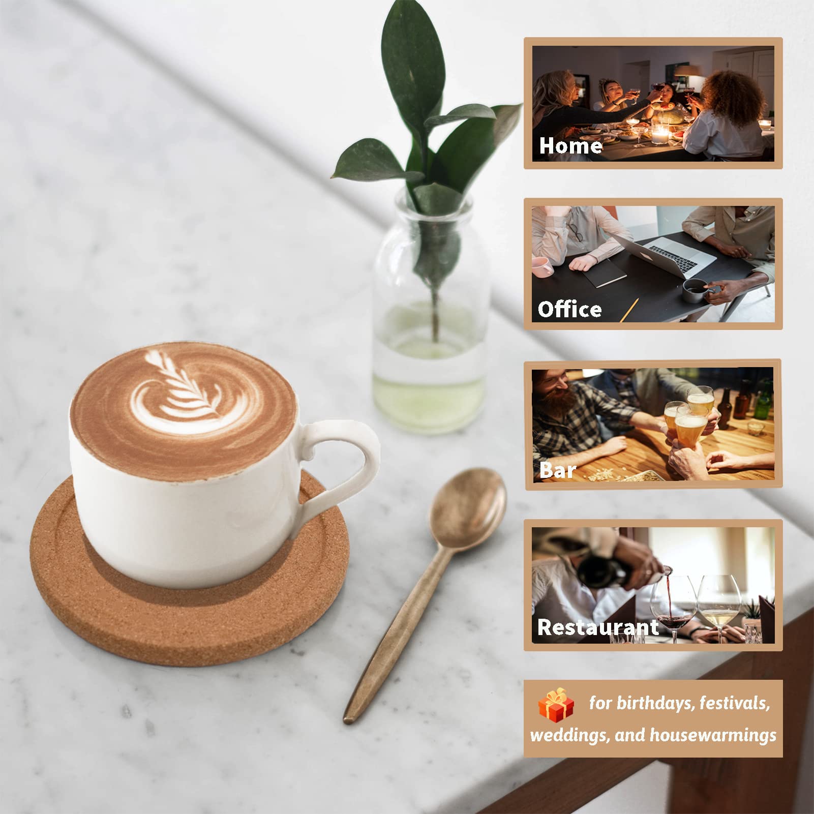 ToolMenu Cork Coasters for Drinks Absorbent - 6 Pcs 4 Inch with Lip Heat Resistant Reusable Drink Coaster Set Extra Thick Perfect Cups Mugs Glasses
