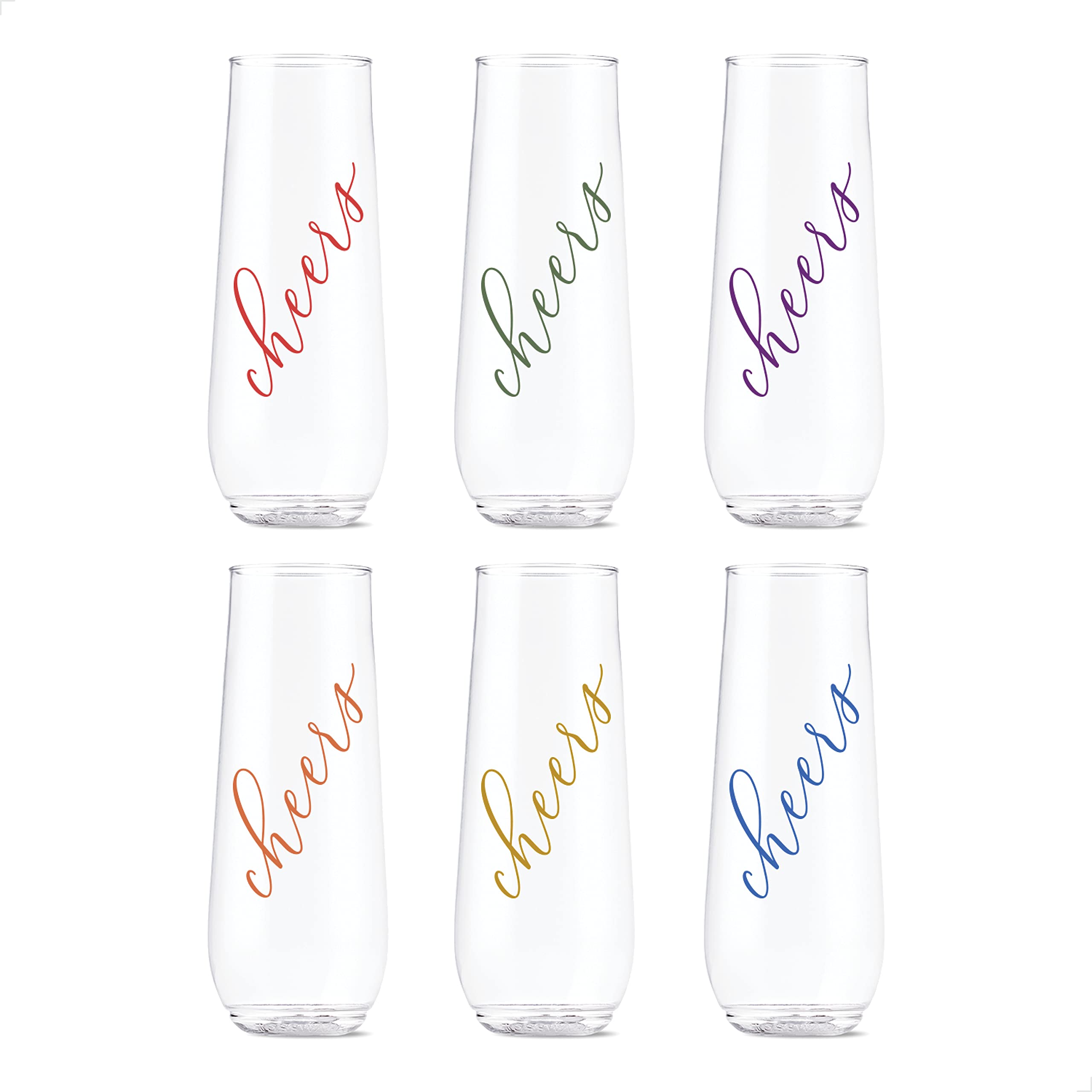TOSSWARE POP 9oz Flute Classic Cheers Series - Color, SET OF 6, Premium Quality, Recyclable, Unbreakable & Crystal Clear Plastic Printed Champagne Glasses