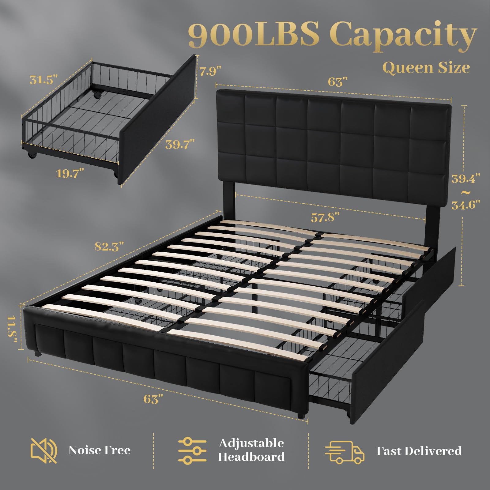 Queen Bed Frame with Storage, Upholstered Bed Frame with 4 Drawers, Adjustable Headboard, Type-C & USB Ports, Wooden Slats, Noise-Free, No Box Spring Needed Easy Assembly Bed Frame with Drawers