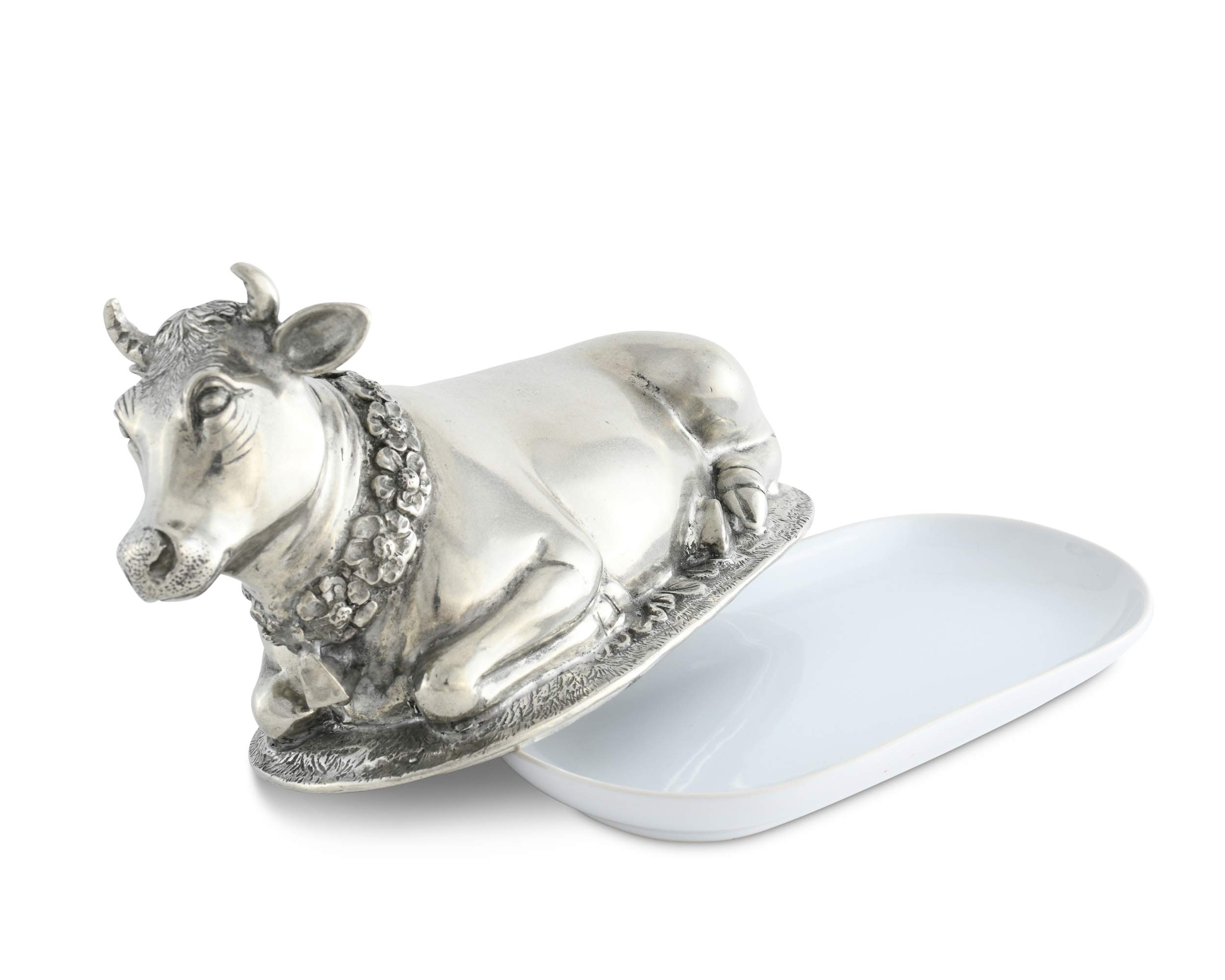 Vagabond House Pewter Metal Mabel the Cow Covered Butter Cream Cheese Dish Container Keeper Heirloom Quality with Stoneware Tray Base 8.5 inch Long