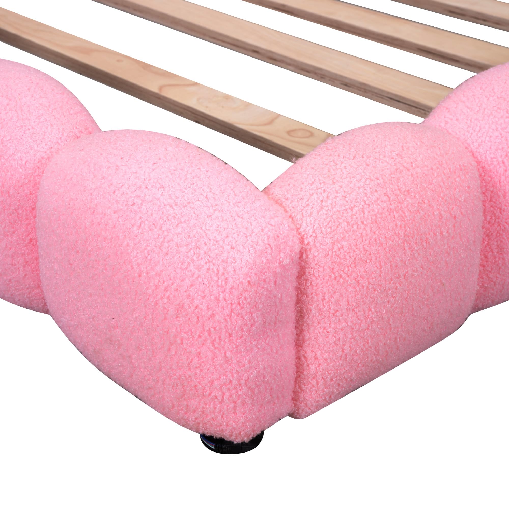 QVUUOU Upholstered Platform Bed Daybed with USB Ports and LED Lights Belt, Full Size Wood Bed Frame for Bedroom Furniture, Teddy Upholstered Bed Multifunctional Bed Floor Bed Grounded Bed (Pink)
