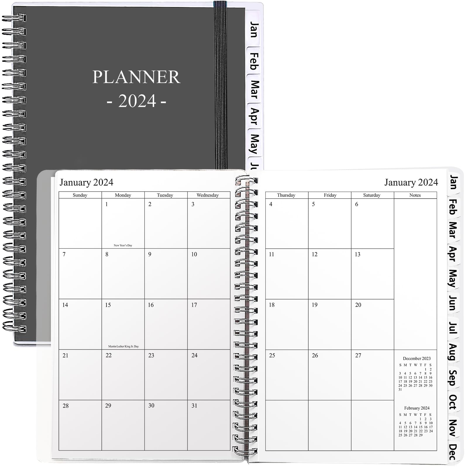 Veiai 2024 Planner,January - December, Wirebound,Weekly and Monthly with Monthly Tabs Planner, Frosted Cover,6.5"x8.5", Twin-Wire Binding Calendar Notebook (Black)