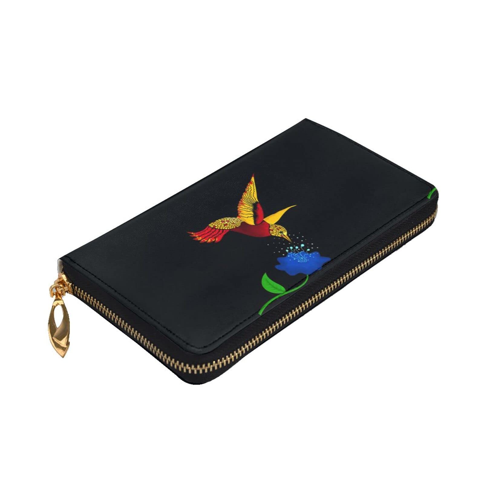 Women Zip Around Long Wallet Hummingbird Black Printed Credit Card Holder Wallet