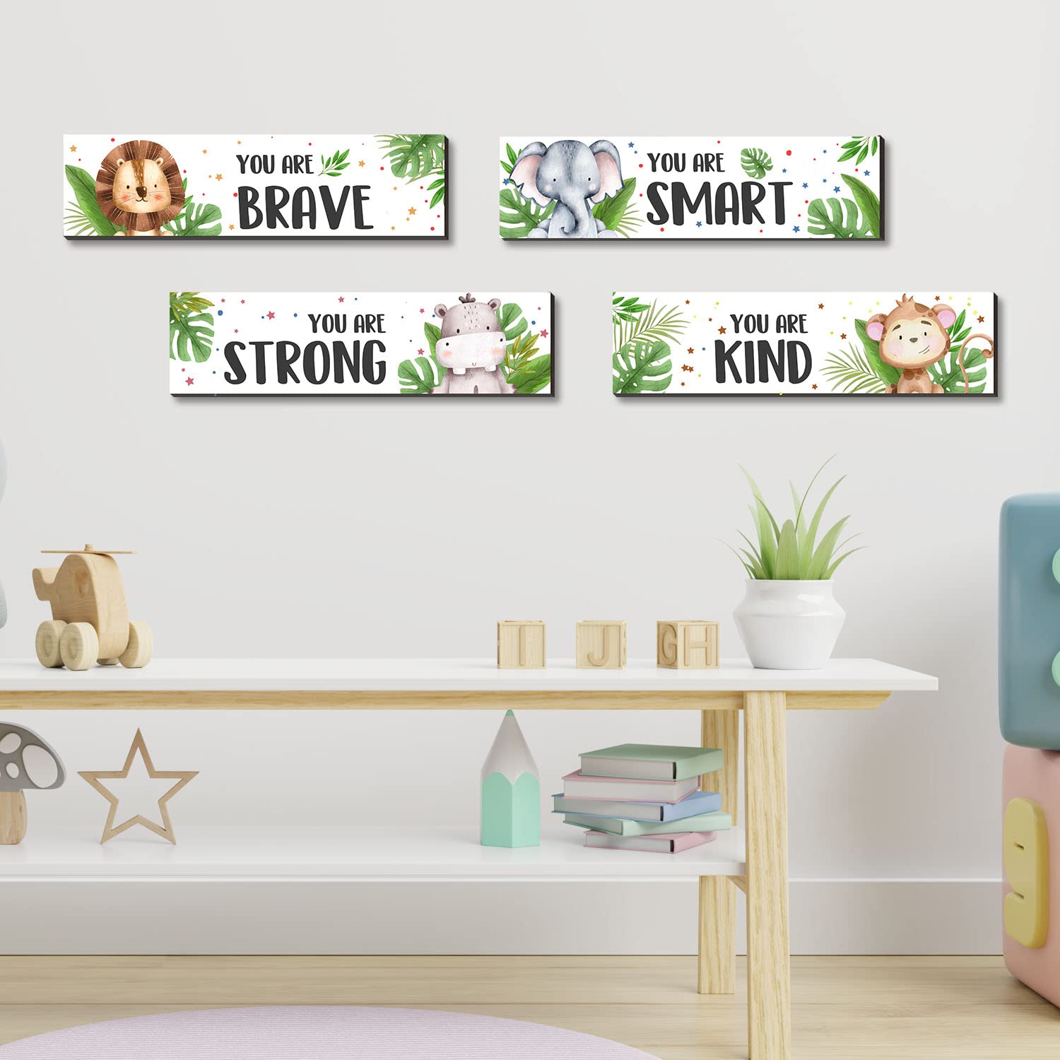 UBLURO 4 Pieces Jungle Animals Wall Art Decors - Motivational Wall Art,Jungle Animals Wooden Hanging Wall Prints Plaques,Jungle Animals Room Decor for Boys Room