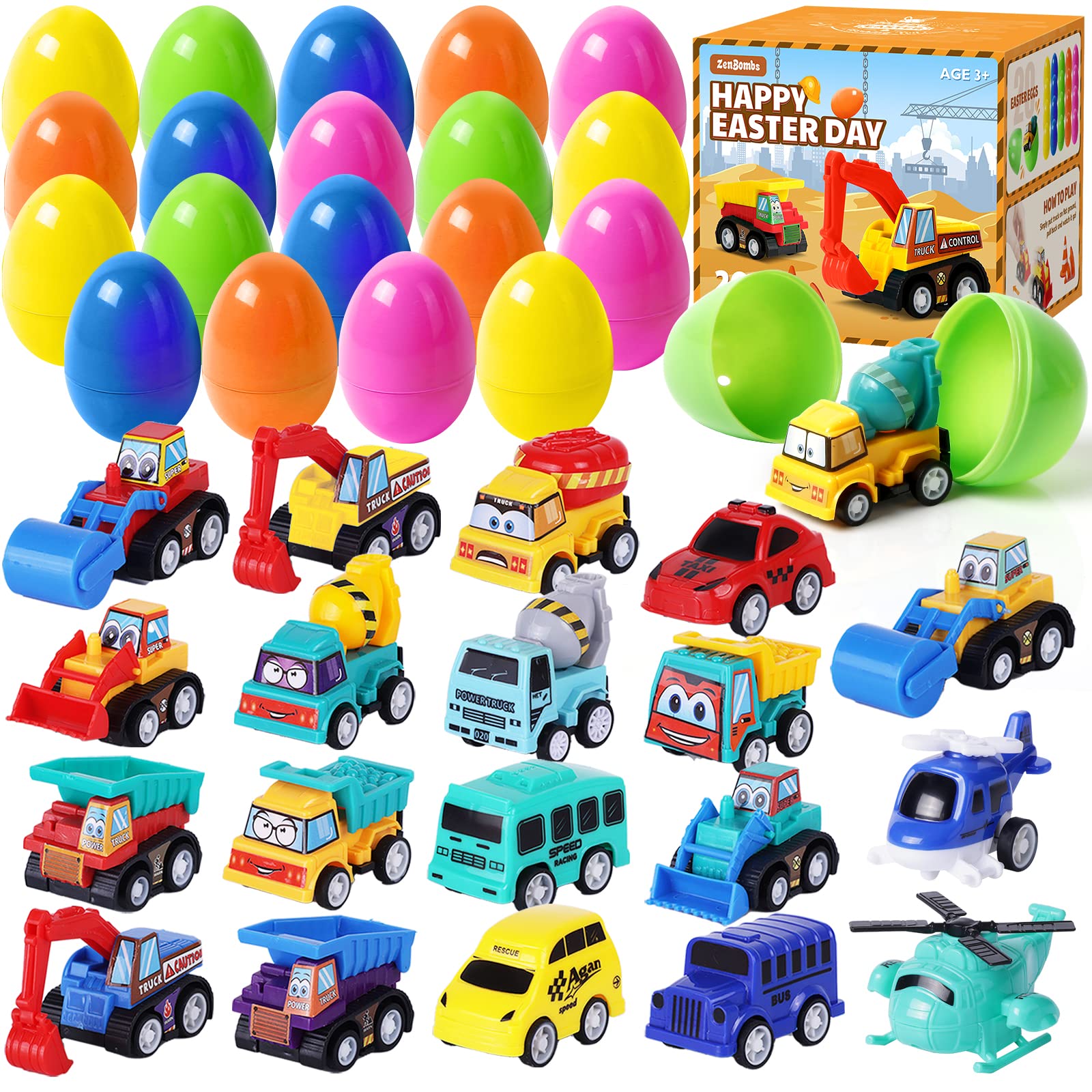 ZenBombs Easter Eggs Plastic Easter Eggs Filled with Pull-Back Engineering Toys Gift for Easter Egg Hunt, Birthday Party for Kids Over 3 Years Old 20-Pack