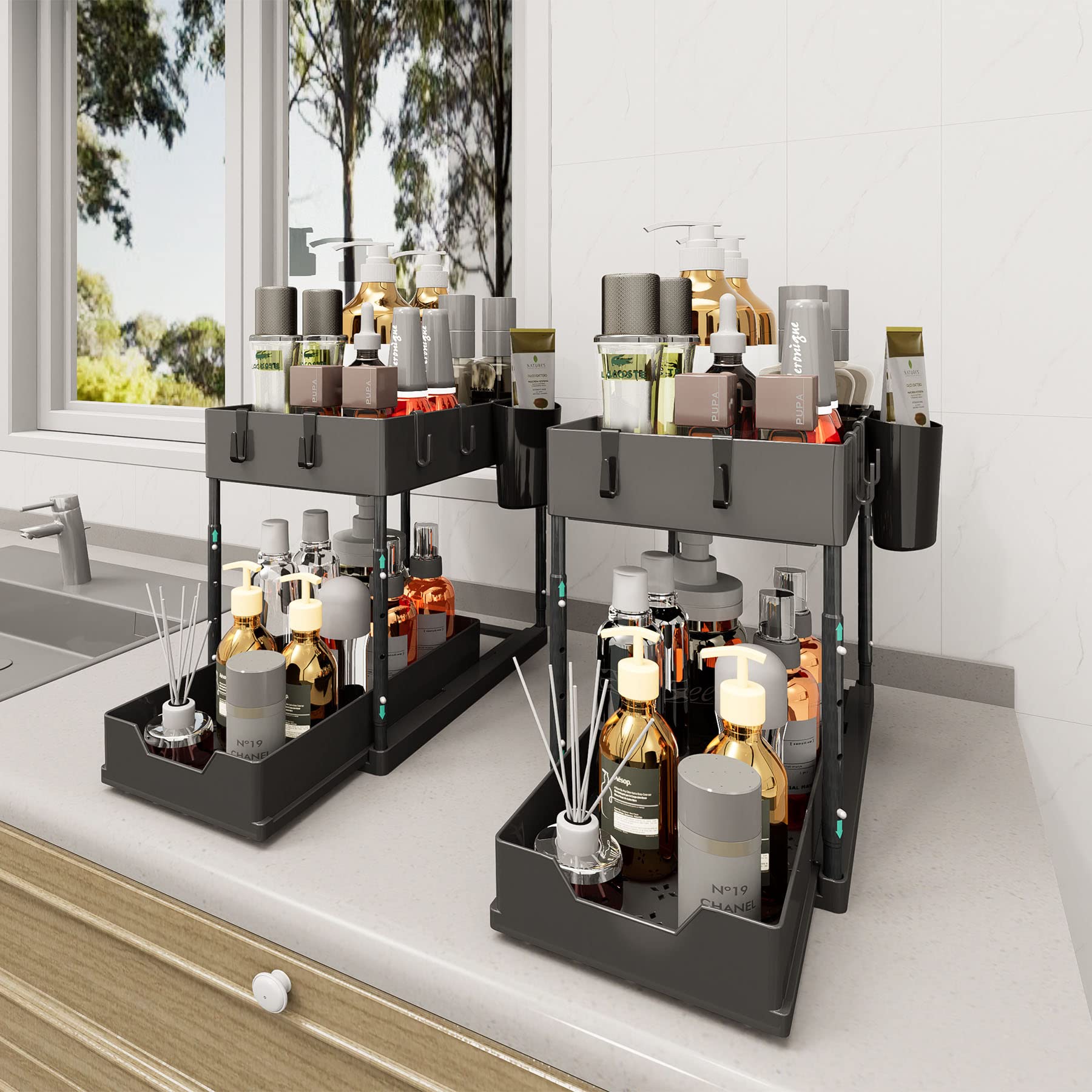 Under Sink Organizers and Storage - Adjustable Height Sliding 2-Tier Pull Out Drawer Rack Multi-Purpose Under Sink Shelf Organizer for Kitchen Bathroom Under Counter Cabinet Storage (Black-2pcs)