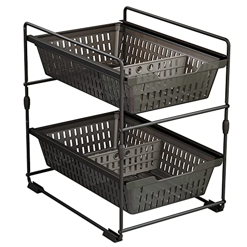 Under Sink Organizer,Bathroom Organizer Under Sink with Sliding Basket,Under Sink Cabinet Organizer Rack For Kitchen,Toilet,Sturdy,Anti-Rust Black