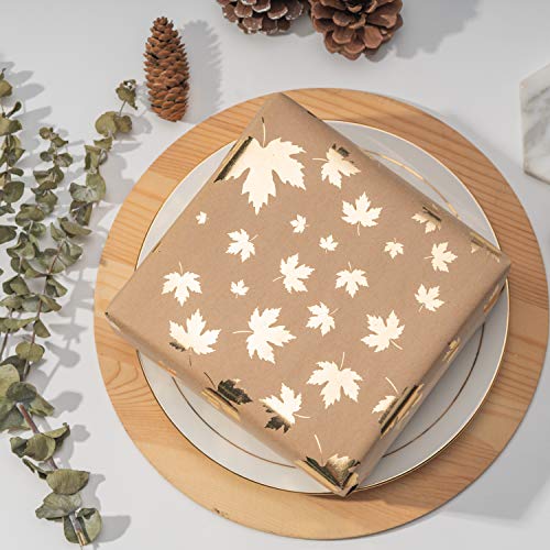 RUSPEPA Wrapping Paper Roll Sheets Kraft Paper - Pumpkin and Maple Leaf Autumn Design Gold Foil - 17.5 x 30 inches Each Sheet, Total of 6 Sheets Packed in 1 roll