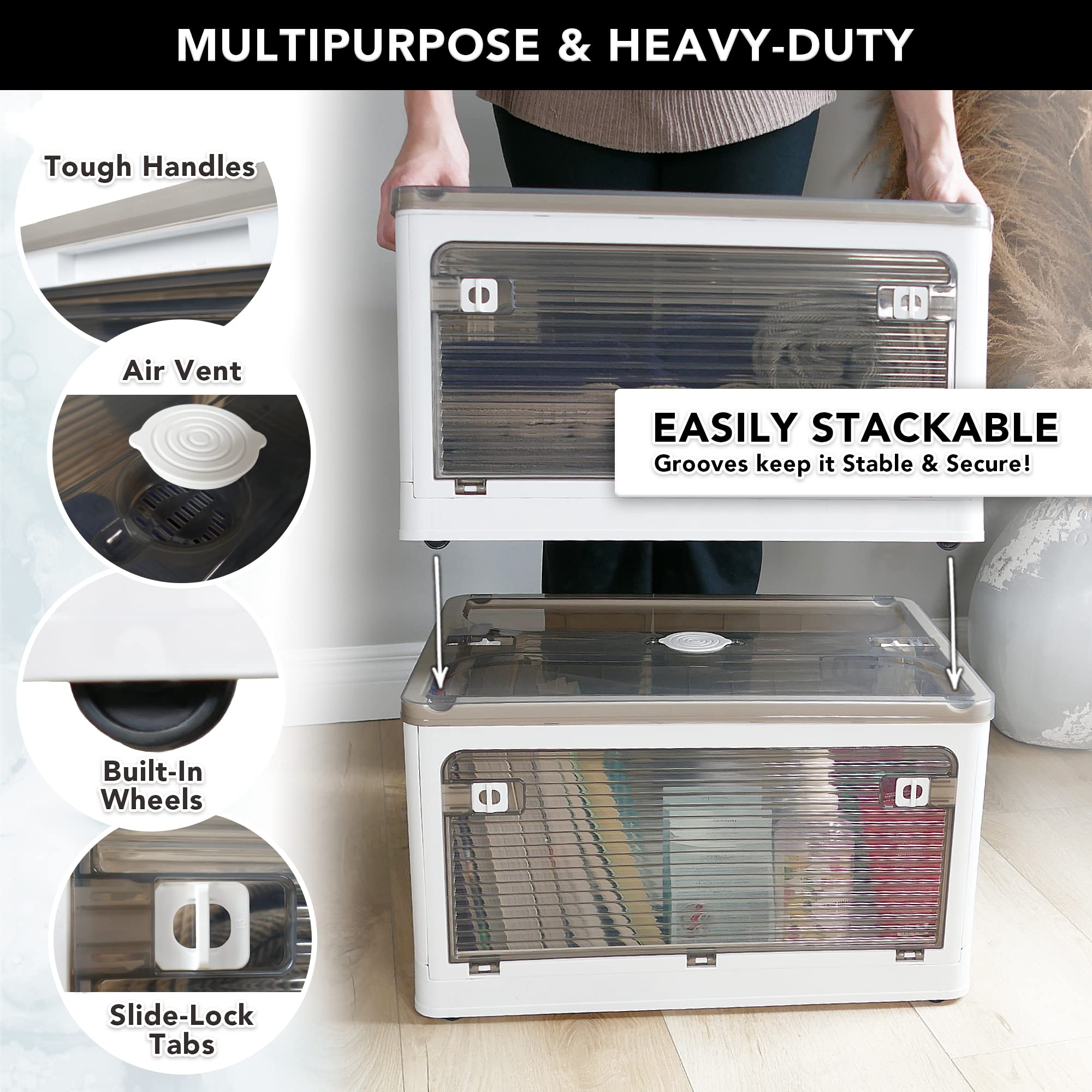 RTF Plastic Foldable Storage Box and Collapsible Storage Bin for Clothes 2 Pack, Blankets, Toys, and Camping Accessories, Heavy-Duty Pop-Up Stackable Organizer, Rolling Wheels, 15 Gallon
