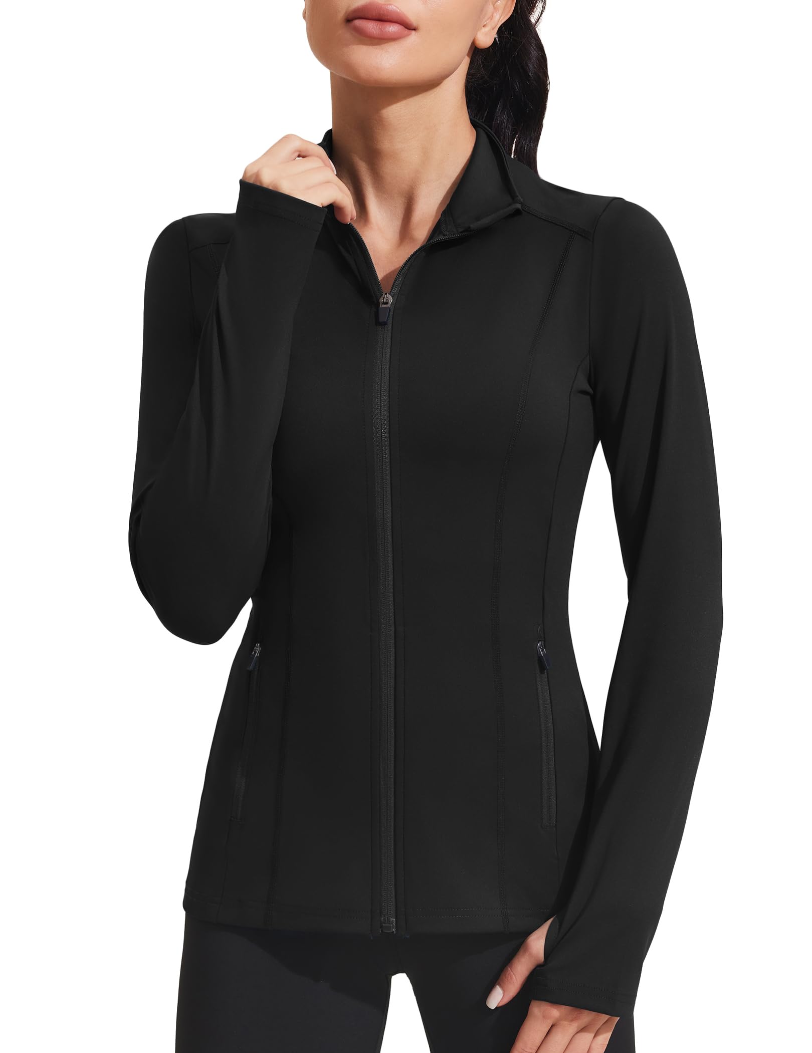 PINSPARK Workout Jackets for Women Athletic Running Gym Yoga Jacket Lightweight Full Zip Slim Fit Sports Tops Thumb Holes Pockets, Black, Small