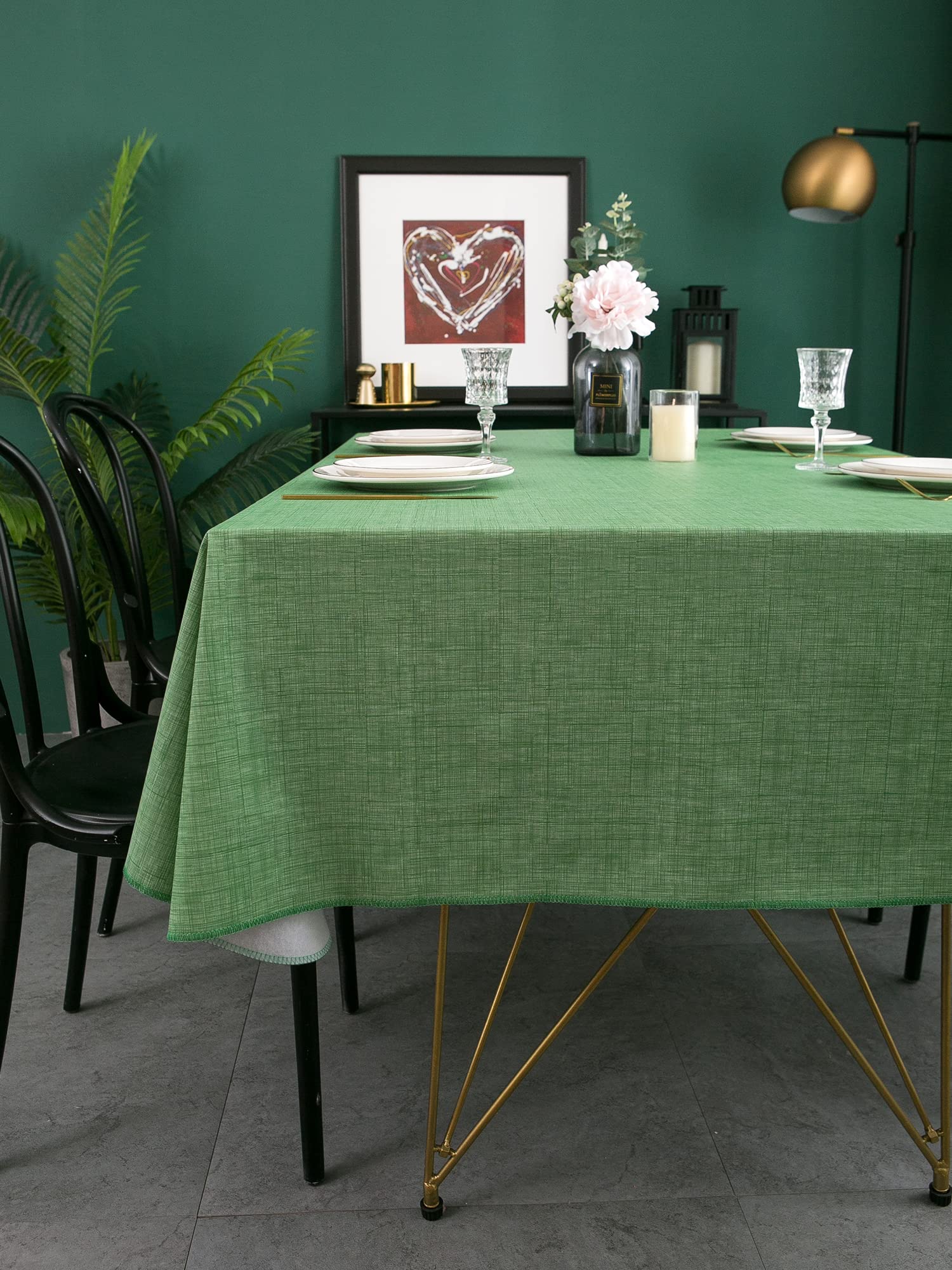 Pioggia Vinyl Tablecloth with Flannel Backing Rectangle Waterproof Oil-Proof Plastic Table Cloth Wipeable PVC Table Cover for Indoor and Outdoor (Dark Green, 60 x 84 Inch)