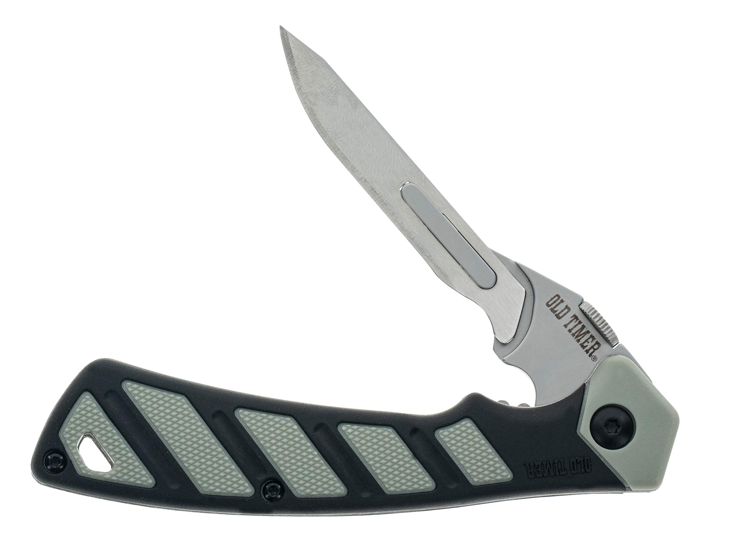 Old Timer Replaceable Blade Knife with Interchangeable 60A Scalpel Blades, Rubber Overmold Grip, Spare Blades, Thumb Assist, and Liner Lock for Hunting, Skinning, and Outdoors,Black