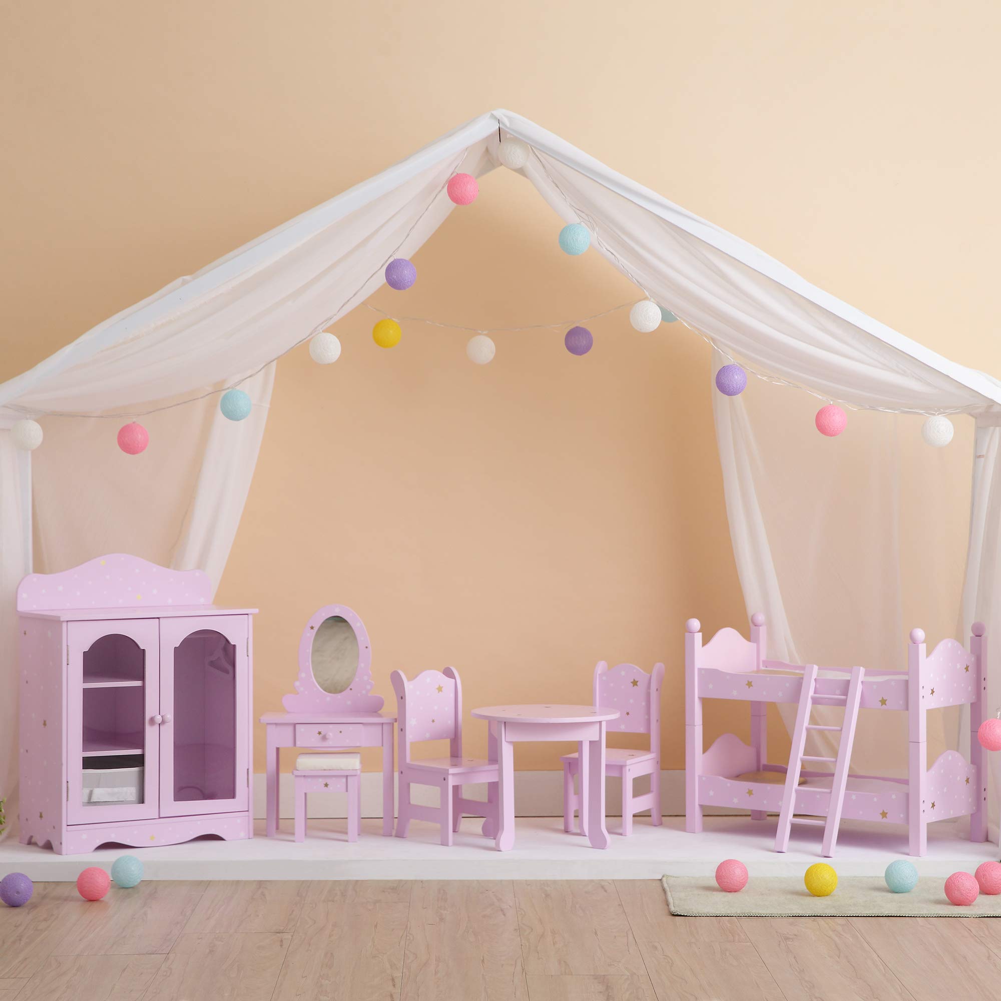 Olivia's Little World Polka Dot Princess Wooden Shaker-Style Double Closet for 18" Doll Wardrobes with Windowed Doors, Three Shelves, Hanging Space with Hangers, Gray/Pink