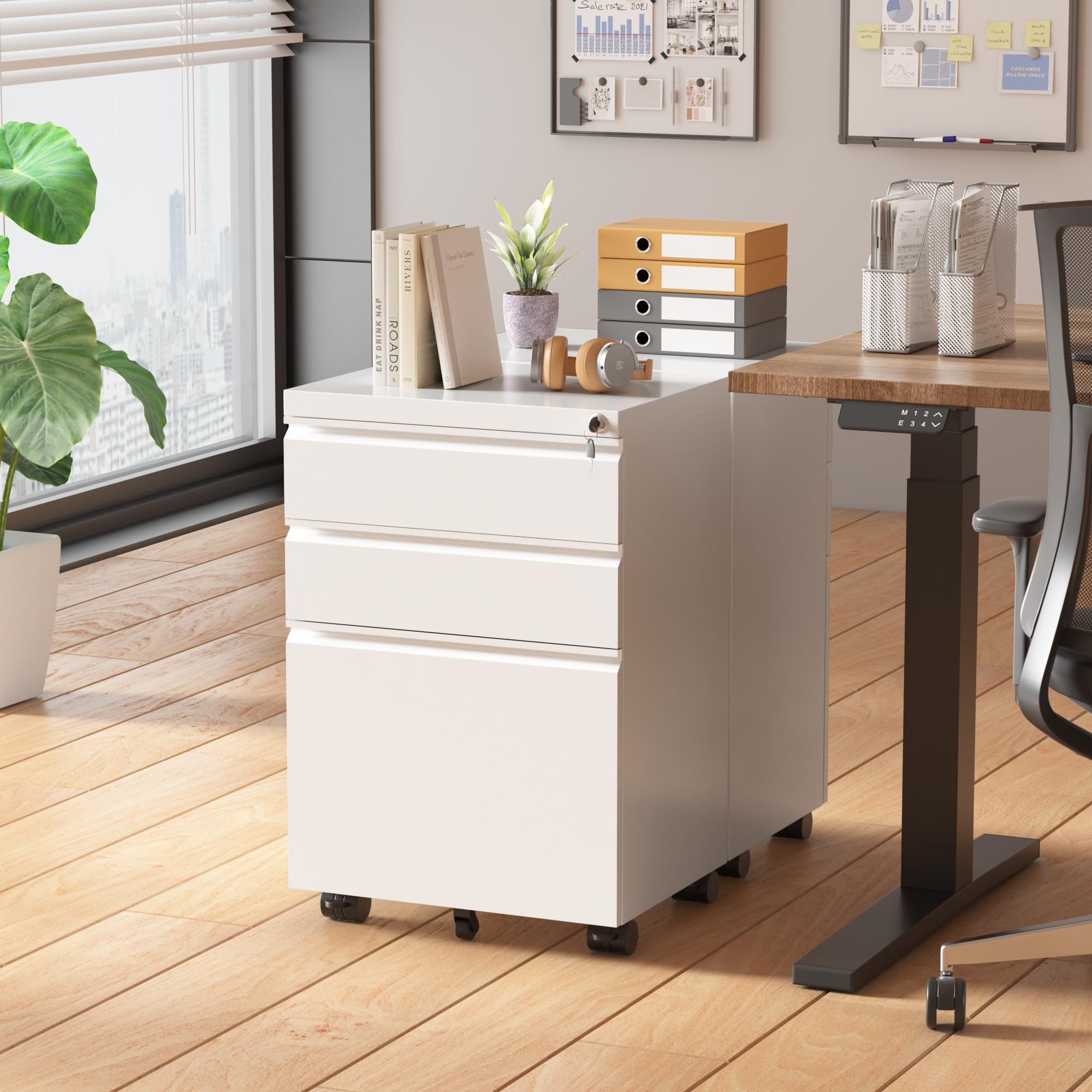 Pataku White File Cabinet 3 Drawer, Mobile File Cabinet with Lock and Wheels, Under Desk Metal Filing Cabinet for Office,Lockable Rolling Cabinet with 2 Keys for Legal/Letter/A4 Size, Easy Assemble