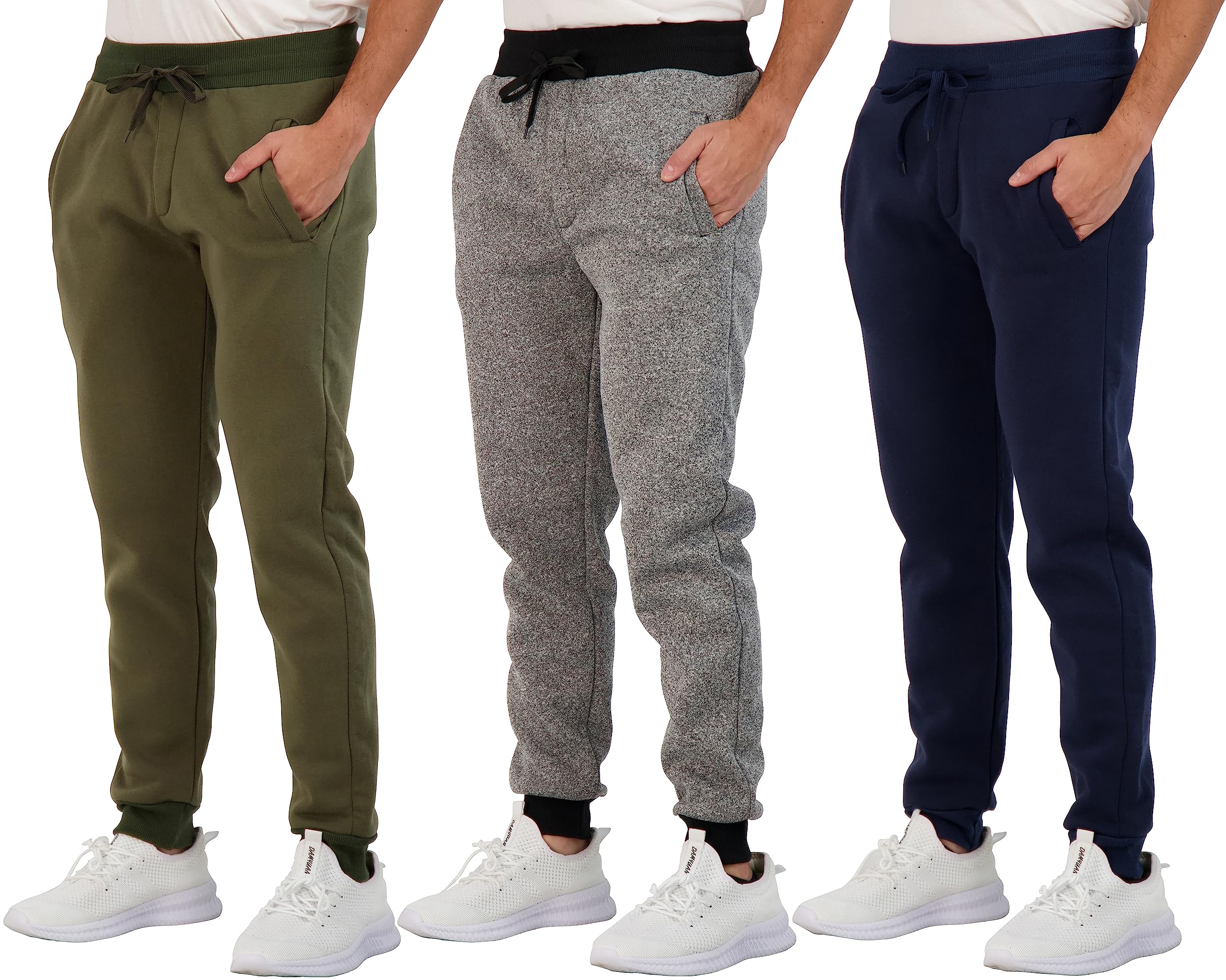 Real Essentials Mens Joggers Sweatpants Fleece Pants Sweat Clothing Pockets Baggy Elastic Cuffed Workout Bottom Athletic Soft Warm Winter Jogging Gym Active Track Work Tapered, Set 1, L, Pack of 3