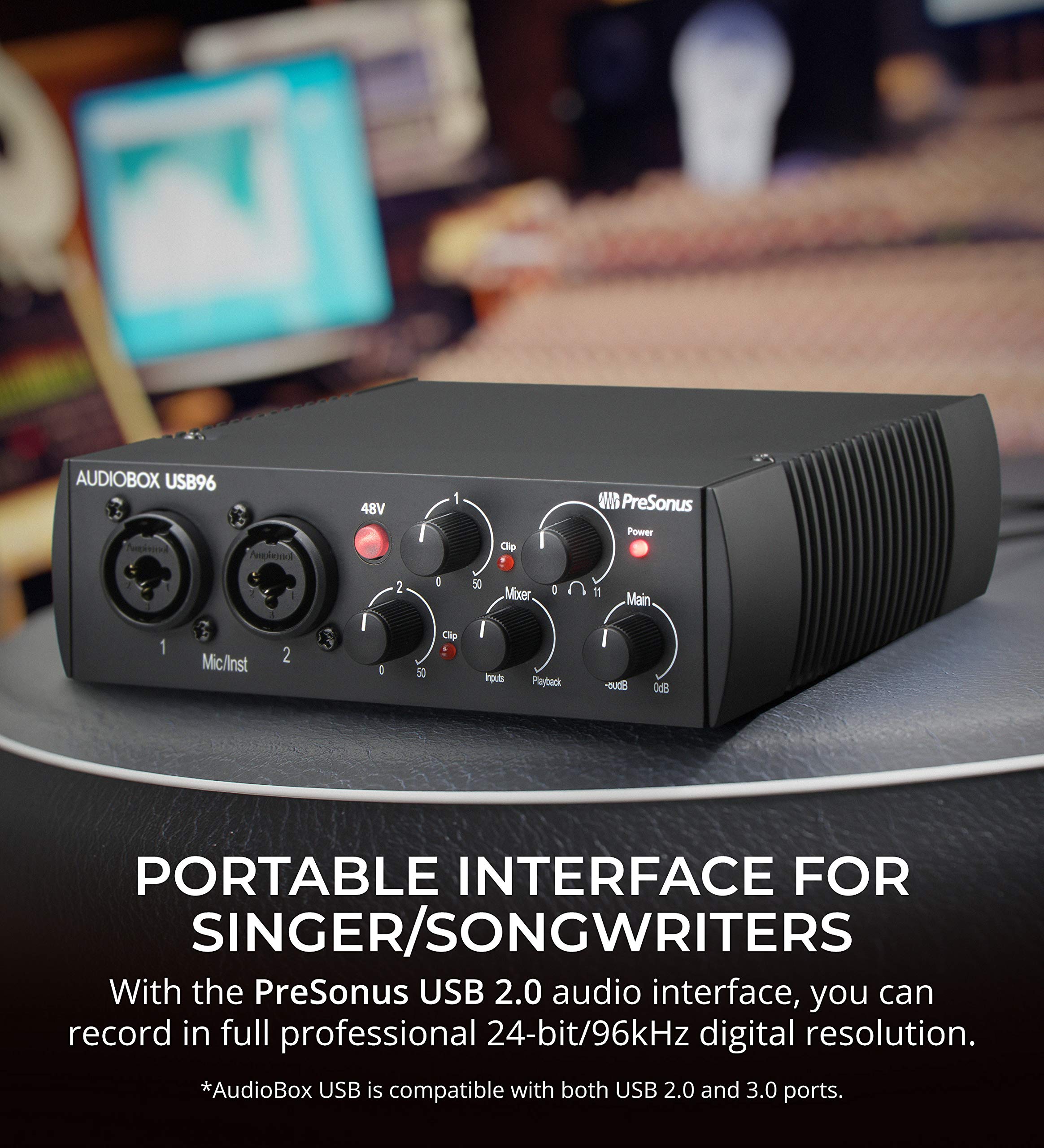 PreSonus AudioBox USB 96 Audio Interface 25th Anniversary Edition for Mac and Windows Bundle with MXL 770 Cardioid Condenser Microphone, Blucoil Boom Arm Plus Pop Filter, and 10-FT Balanced XLR Cable